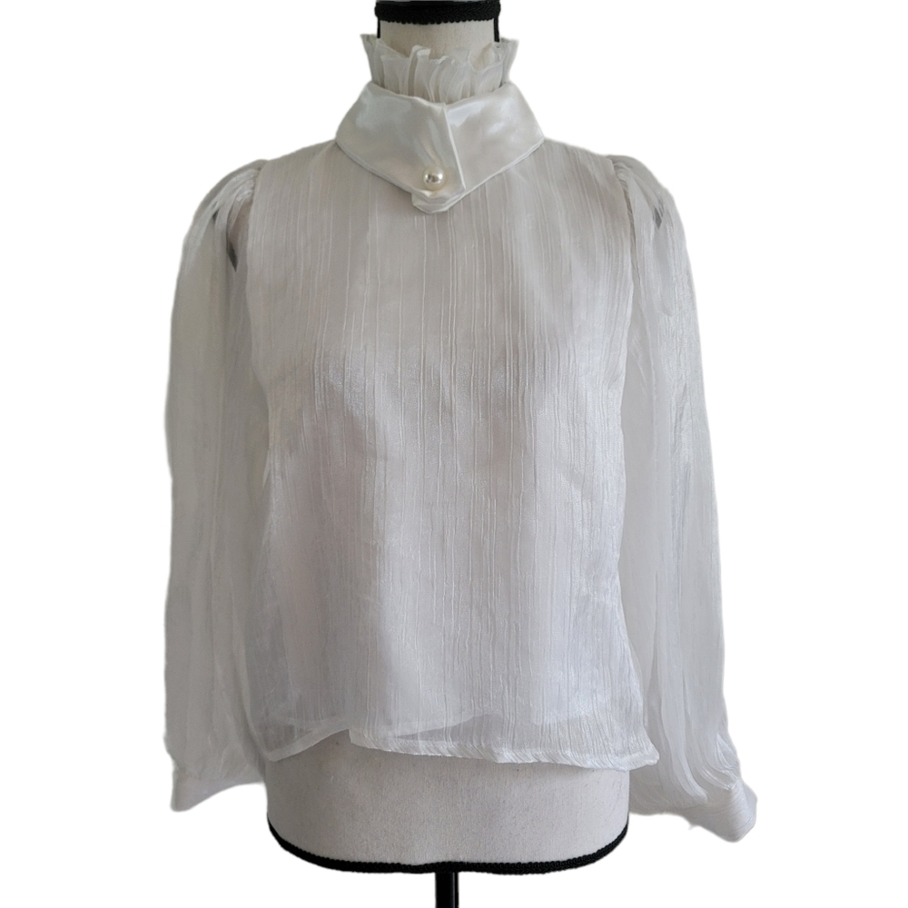 Beulah Sheer White High Ruffle Neck Puff Sleeve Blouse - Gem